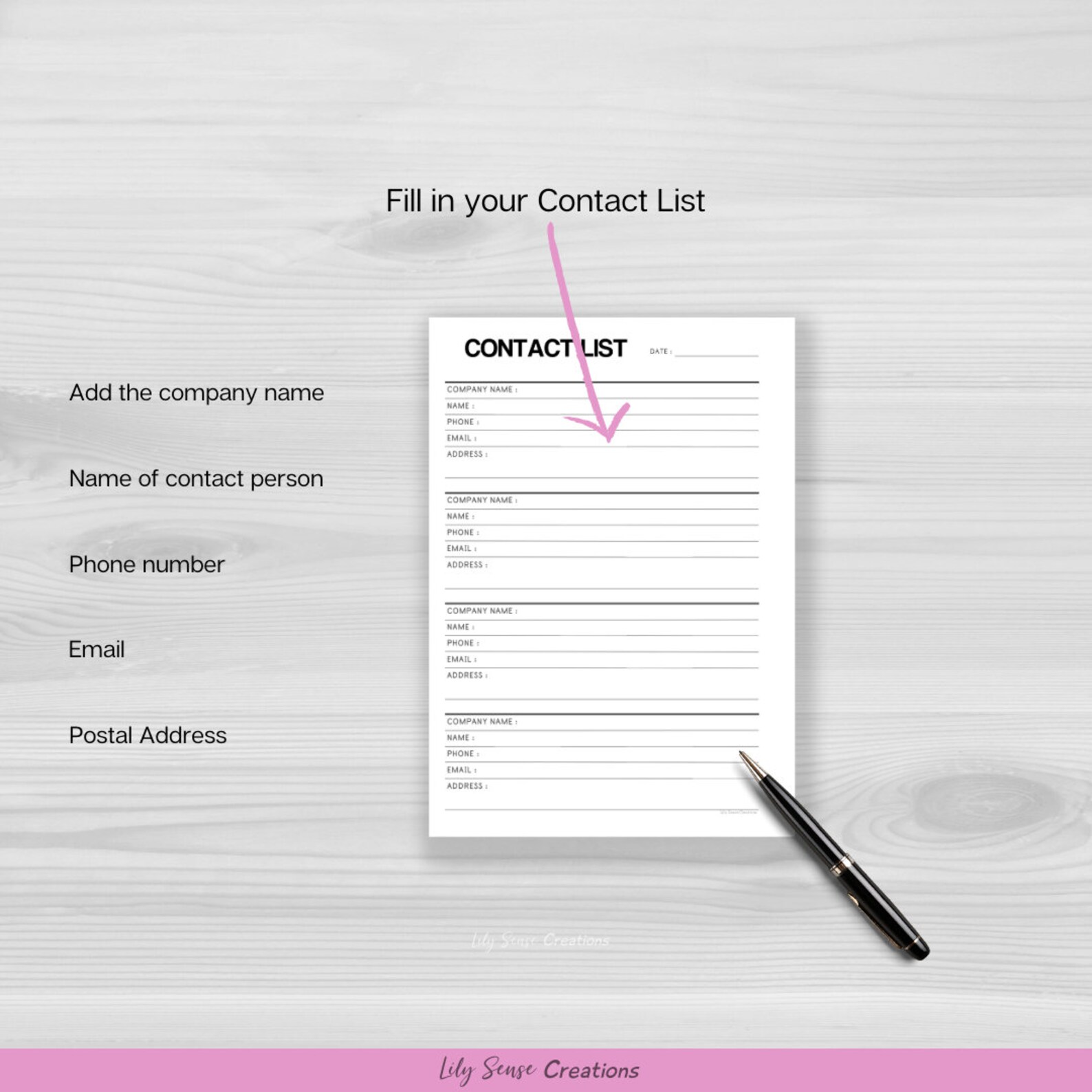 Printable Contact List, Address Book, Contact Organizer, Instant ...