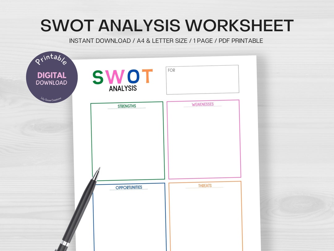 Swot Analysis Printable Page SWOT Template Worksheet A4 and - Etsy
