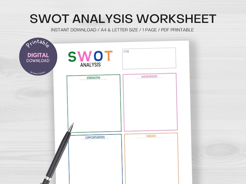 Swot Analysis Printable Page SWOT Template Worksheet A4 and - Etsy