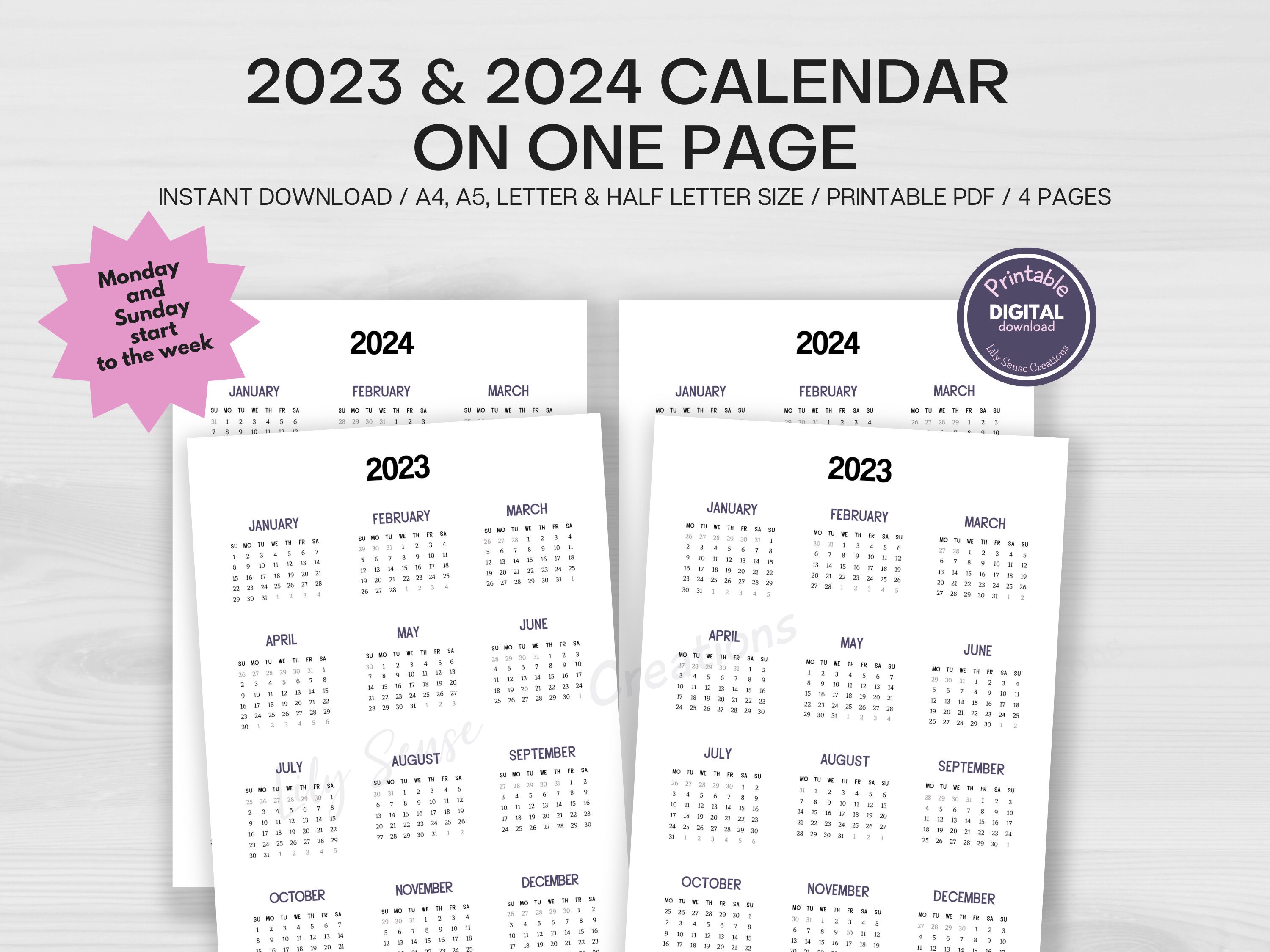 2023-2024 Printable Calendars 2024 Year Calendar on One Page - Etsy Finland
