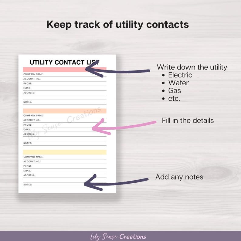 Utility Contact List Printable, Service Provider Contact List, Address ...