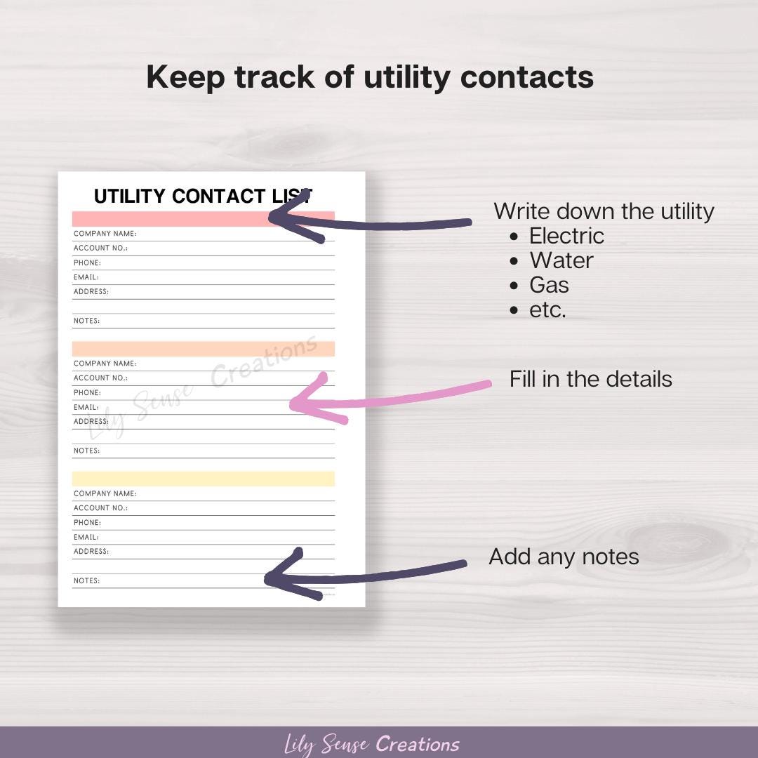 Utility Contact List Printable Planner, Service Provider Contact List ...