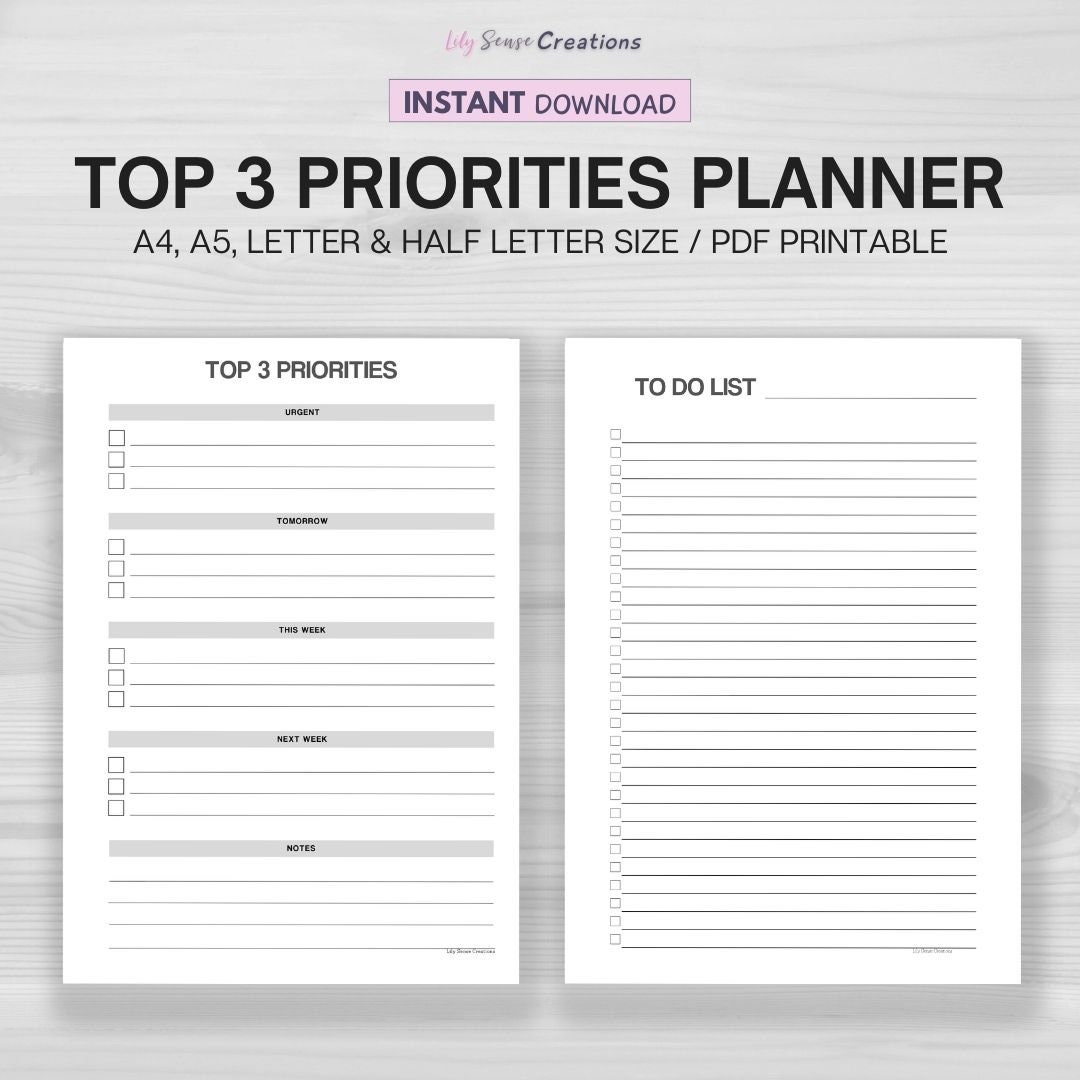 Top 3 Priorities Printable Planner, Task Organiser, Task Planner, to Do ...