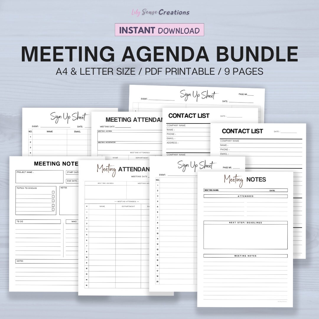 Meeting Agenda Bundle, Printable Meeting Notes Planner Set, Meeting ...