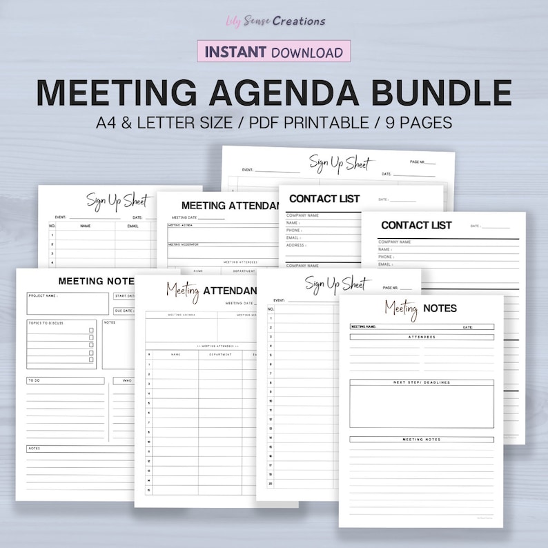 Meeting Agenda Bundle, Printable Meeting Notes Planner Set, Meeting ...
