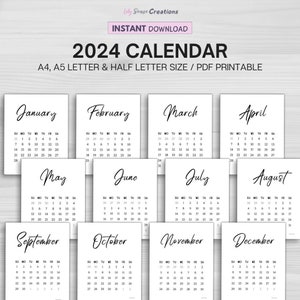 2024 Monthly Calendar Printable, Large Font Monthly Calendar, A4, A5 ...