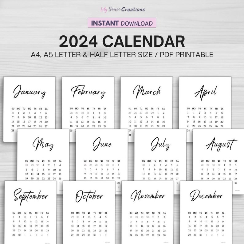 2024 Monthly Calendar Printable, Large Font Monthly Calendar, A4, A5 ...