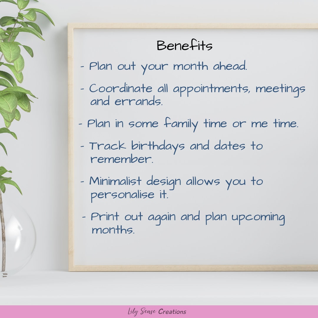 Undated Monthly Calendar Printable Landscape Monthly Planner - Etsy