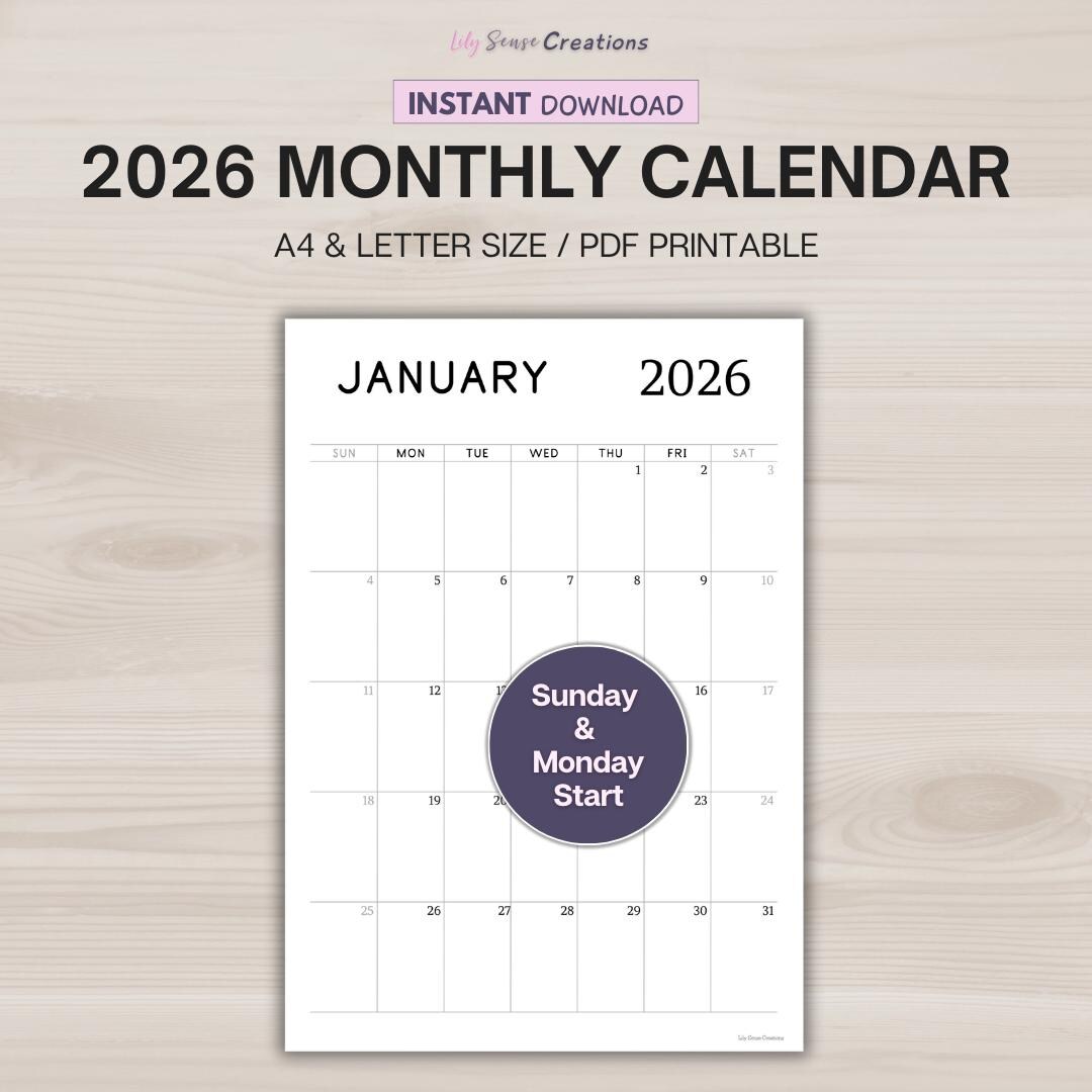 2026 Monthly Calendar, Printable Monthly Planner, 2026 Desk Calendar ...