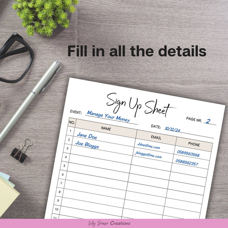 Printable Sign up Sheet, Sign in Form, Event Sign up Sheet, Contact ...