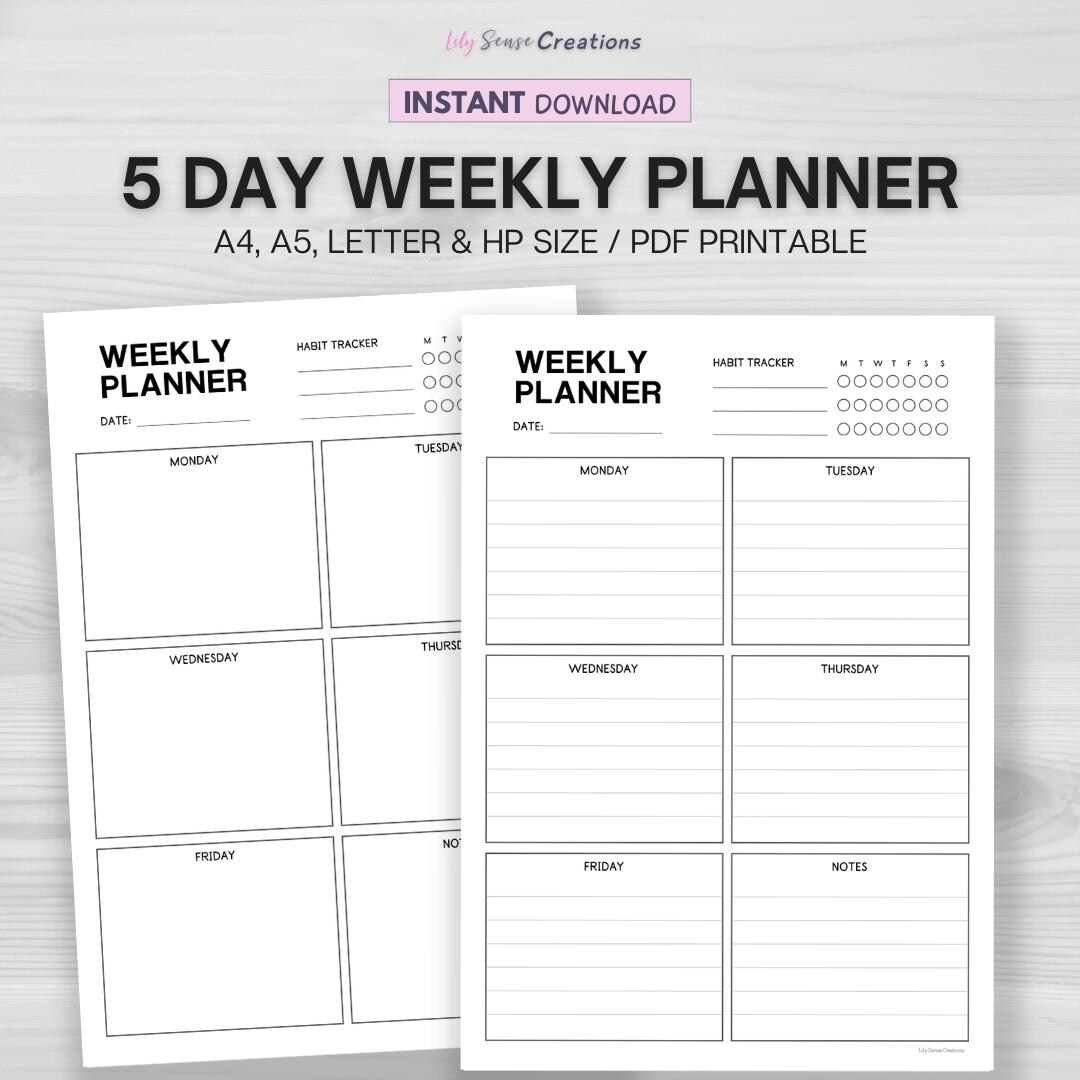 Five Day Weekly Printable Planner, Student Planner, Work From Home ...