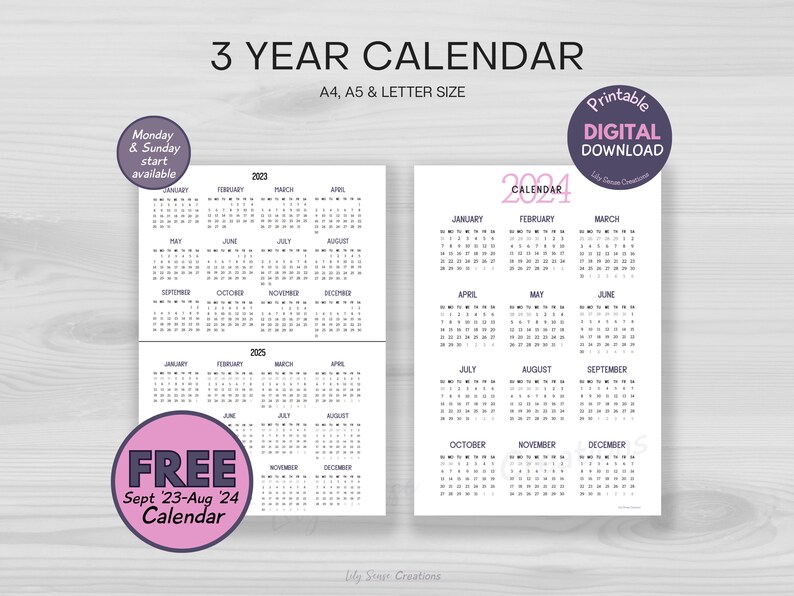 Three Year Calendar Printable 3 Year Calendar 2024 Calendar - Etsy