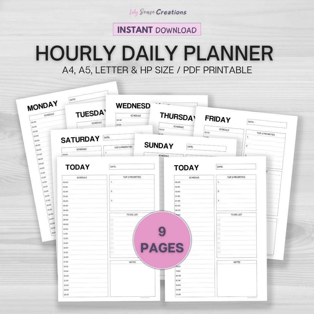 Hourly Daily Planner, Printable Daily Schedule, Productivity Tracker ...