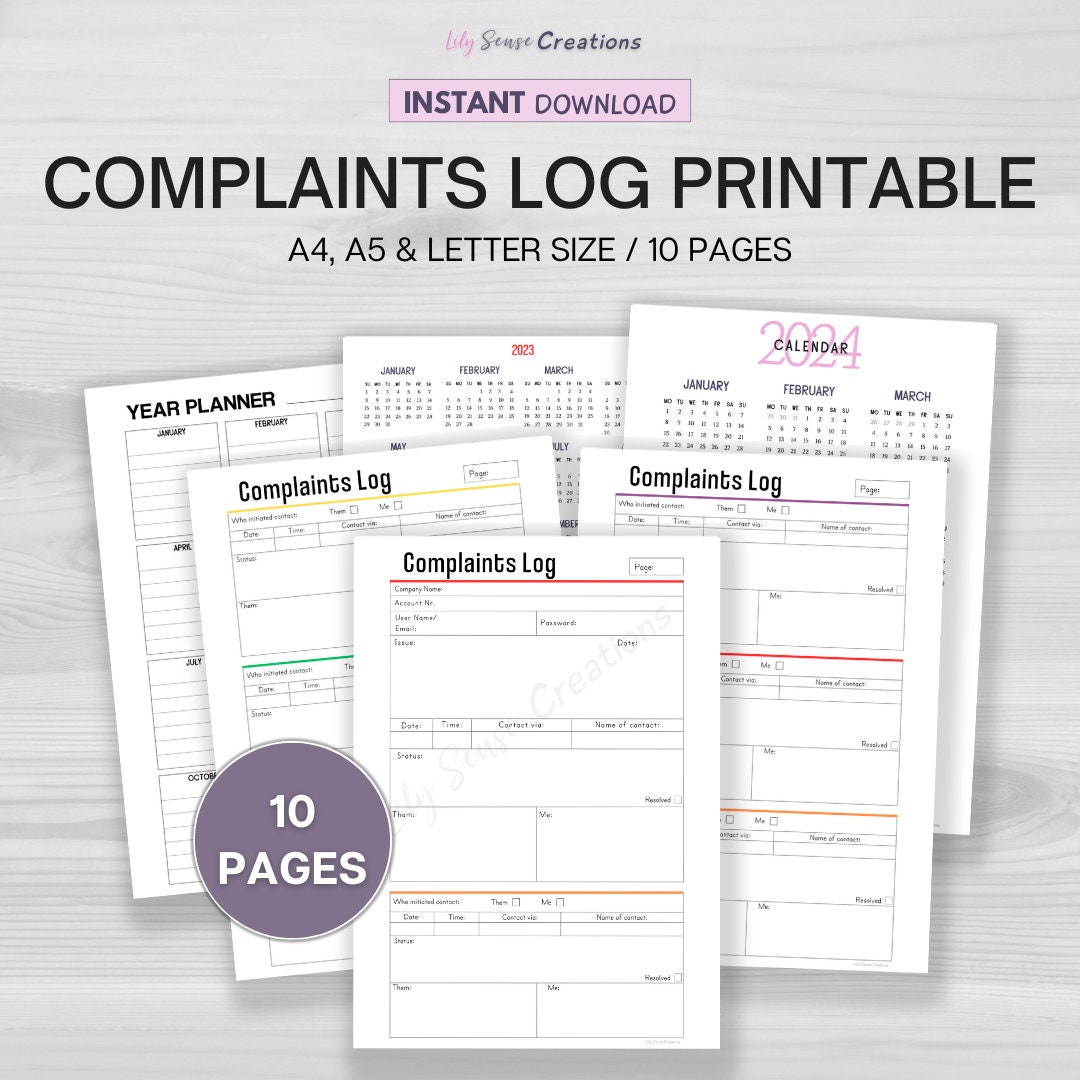 Printable Complaints Log, Complaints Template Set, Track Complaint ...