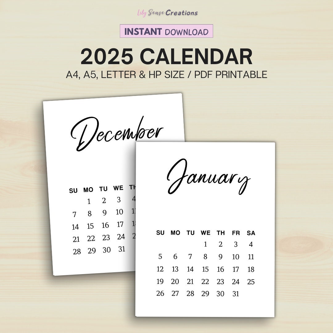 2025 Monthly Calendar Printable, Large Font Monthly Calendar, A4, A5 ...