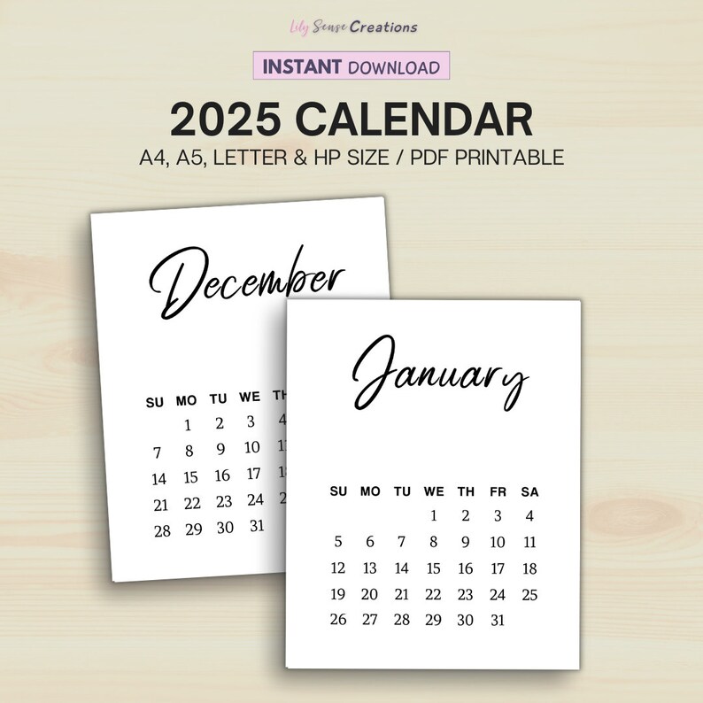 2025 Monthly Calendar Printable, Large Font Monthly Calendar, A4, A5 ...