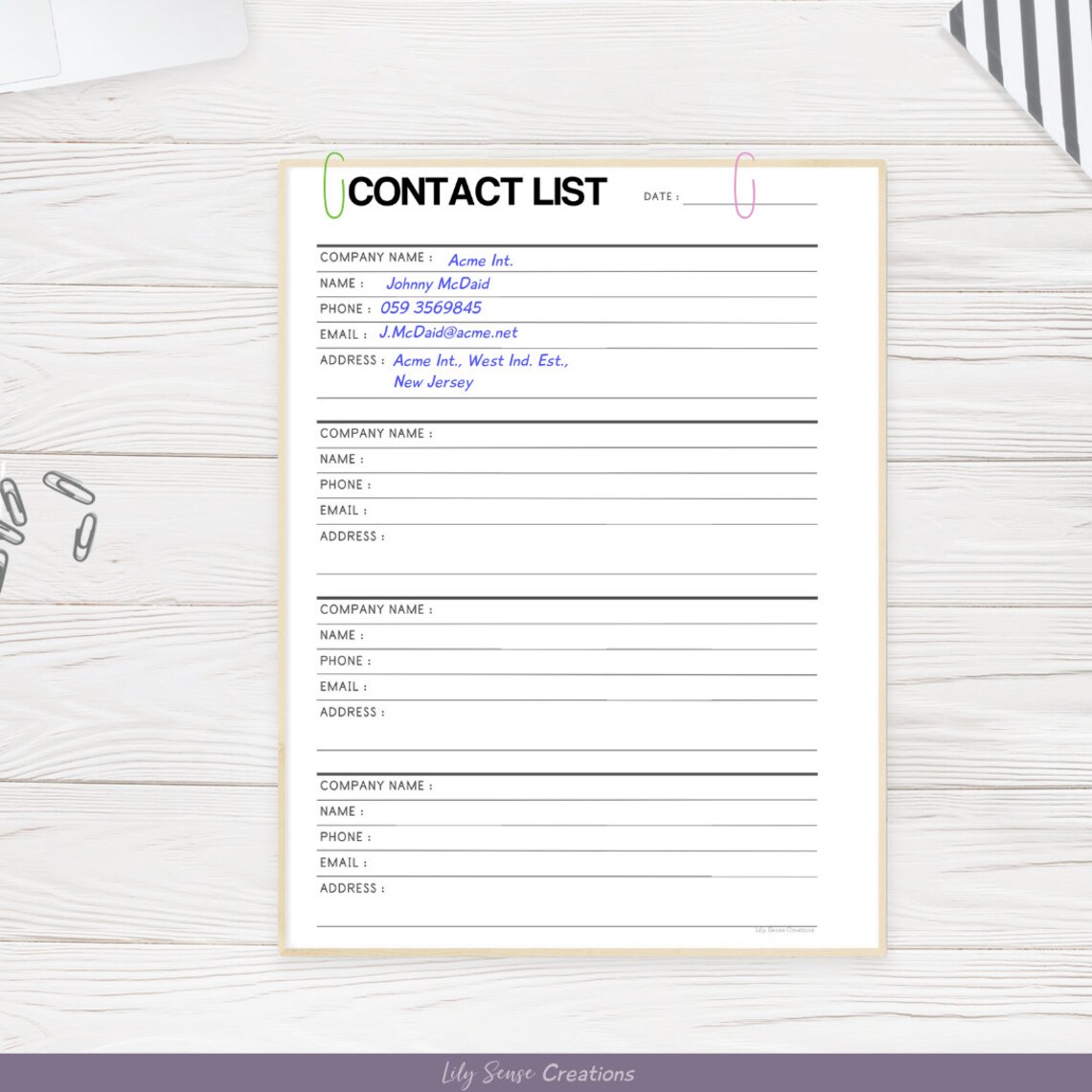 Printable Contact List, Address Book, Contact Organizer, Instant ...