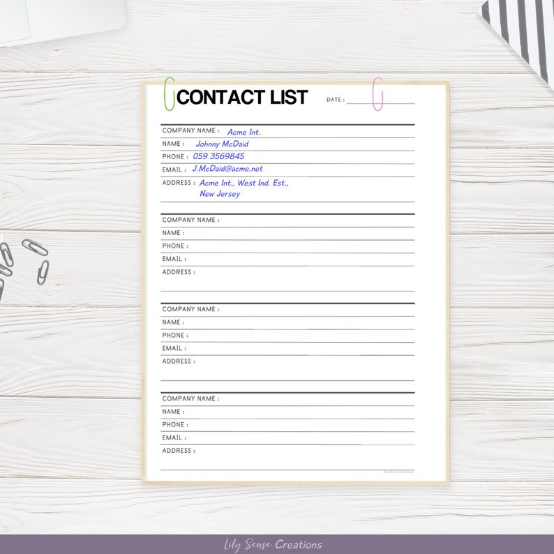 Printable Contact List, Address Book, Contact Organizer, Instant ...