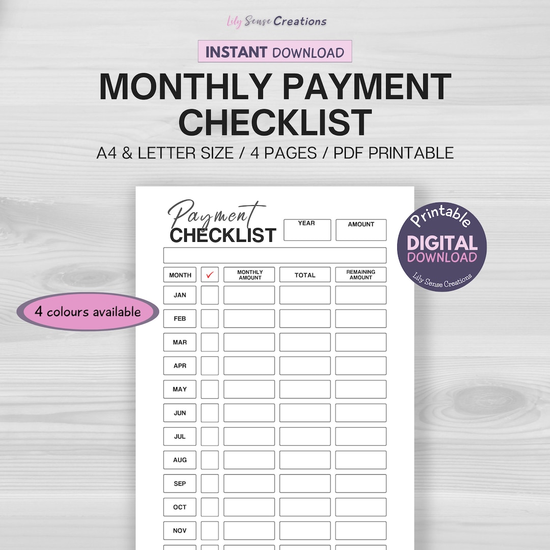 Printable Monthly Payment Checklist, Bill Tracker, Financial Planner ...