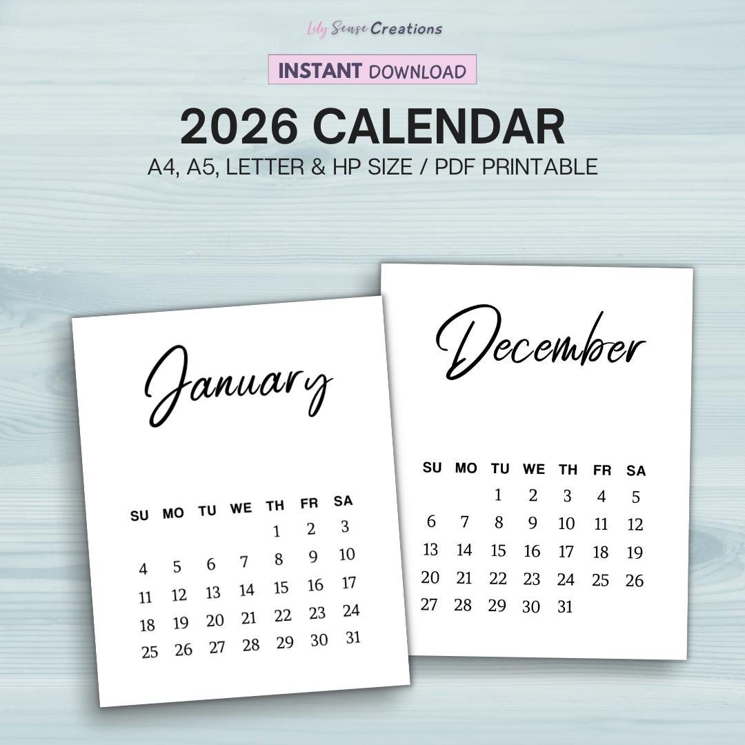 Large Font 2026 Monthly Calendar, Printable Monthly Planner, A4, A5 ...