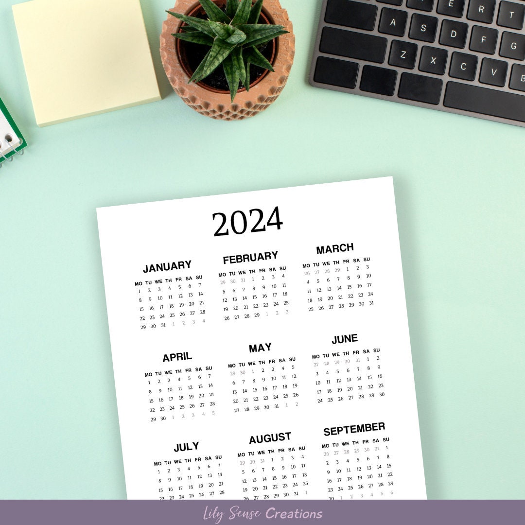 2024 Calendar on One Page Template, Twelve Month Calendar, 2024 Year at ...