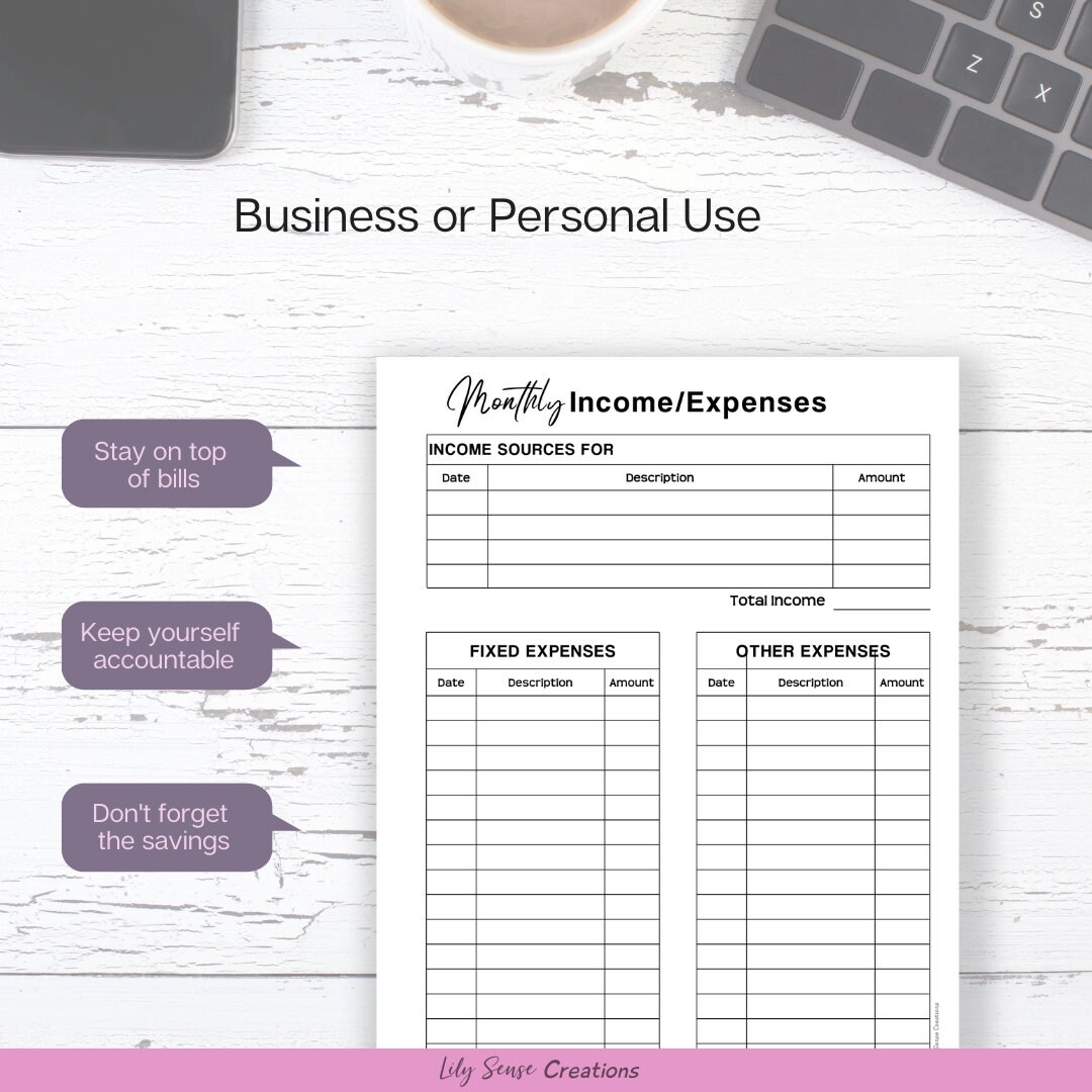 Monthly Income & Expense Tracker Printable, Money Tracker, Business ...