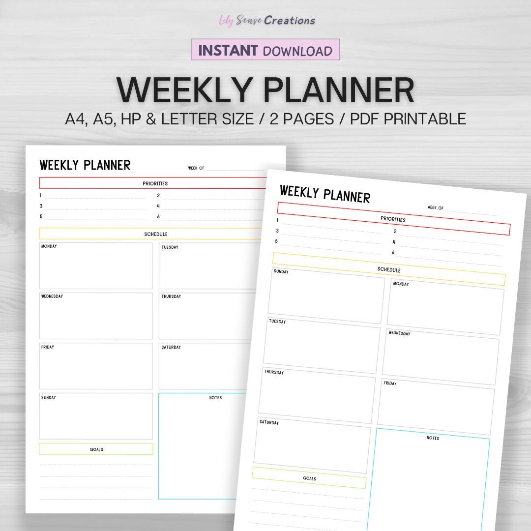 Weekly Planner Printable, Week at a Glance, Project Planner, Weekly ...