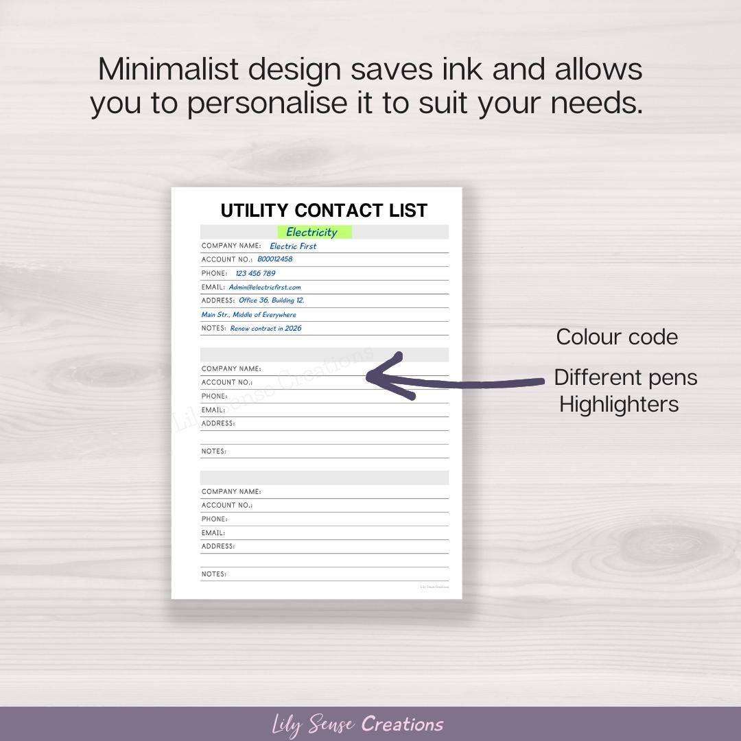 Utility Contact List Printable Planner, Service Provider Contact List ...