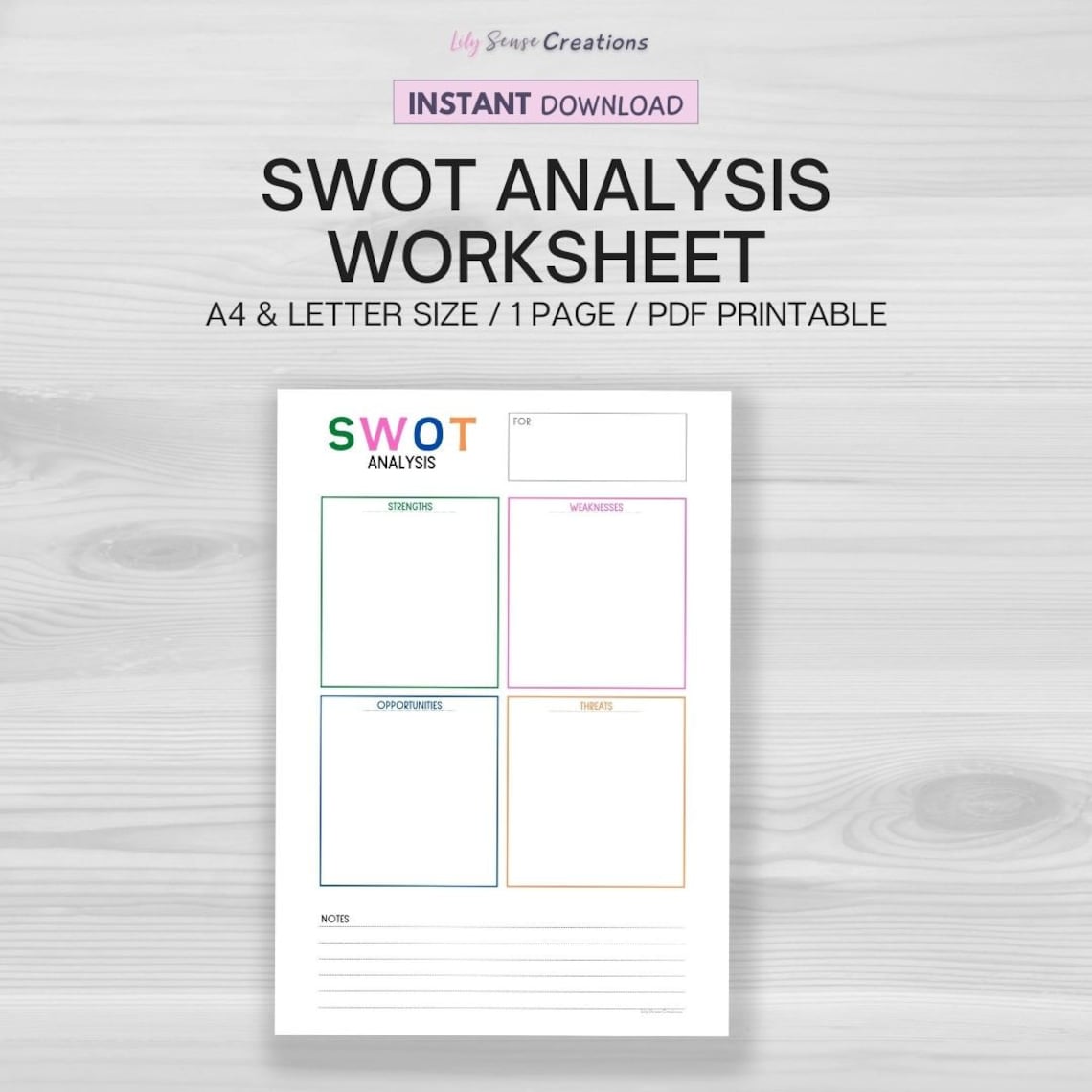 Swot Analysis Printable Page, SWOT Template, Worksheet, A4 and US ...