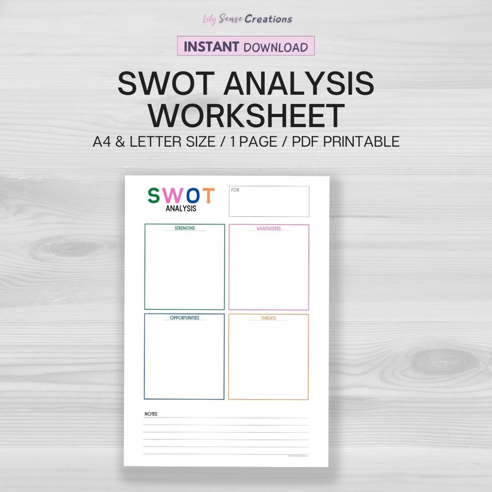 Swot Analysis Printable Page, SWOT Template, Worksheet, A4 and US ...