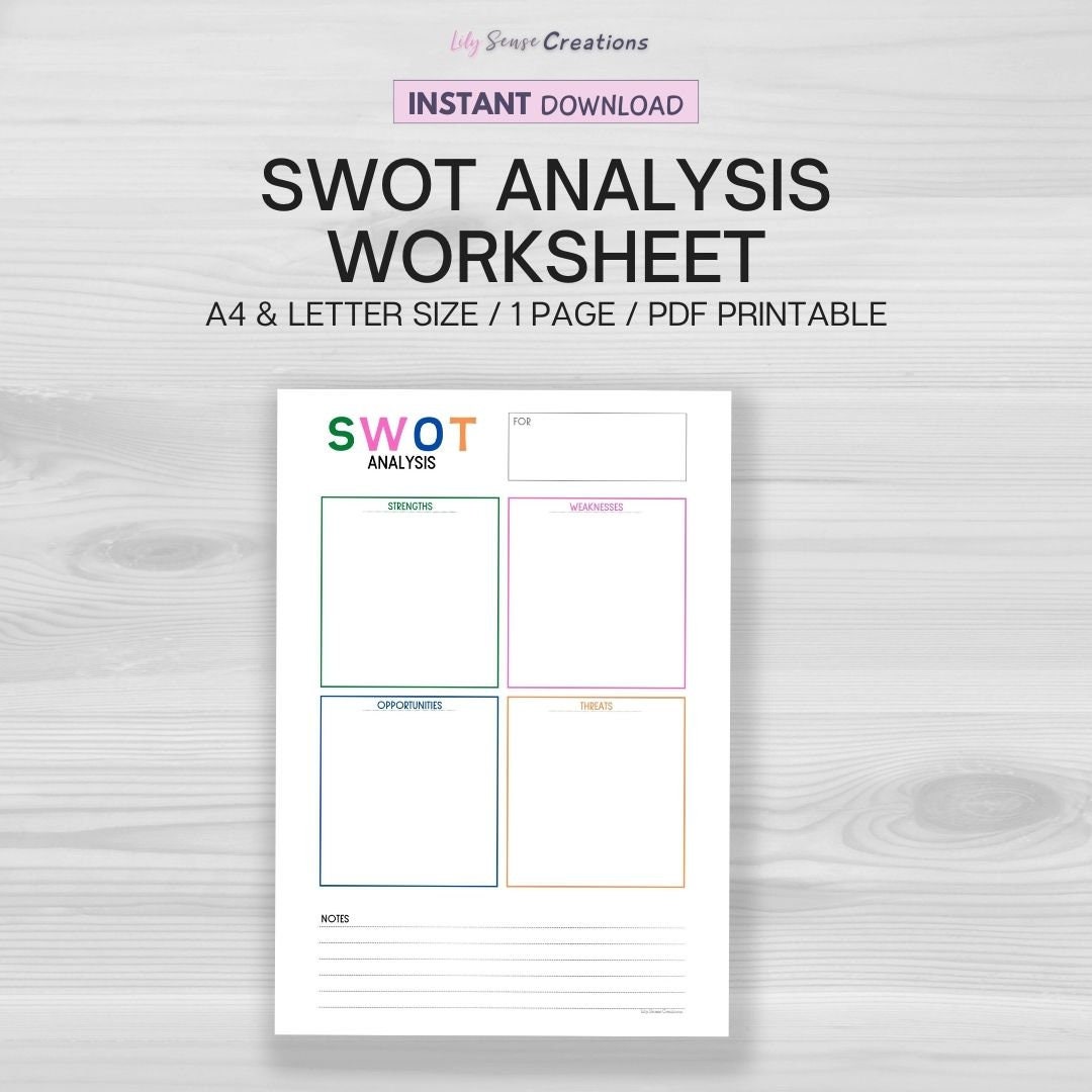 Swot Analysis Printable Page, SWOT Template, Worksheet, A4 and US ...
