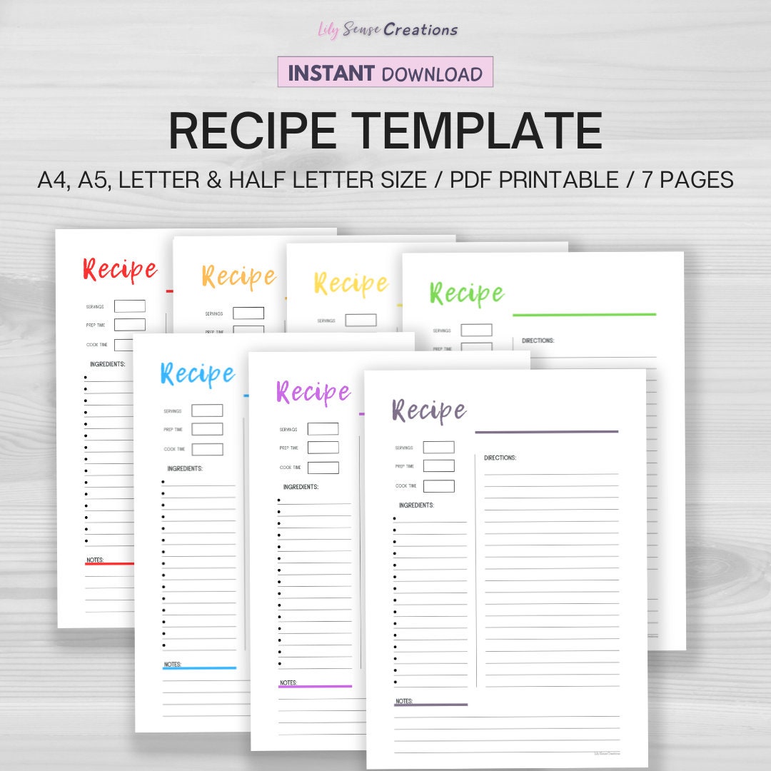 Recipe Template Printable, Blank Recipe Page, Recipe Card, Recipe Book ...