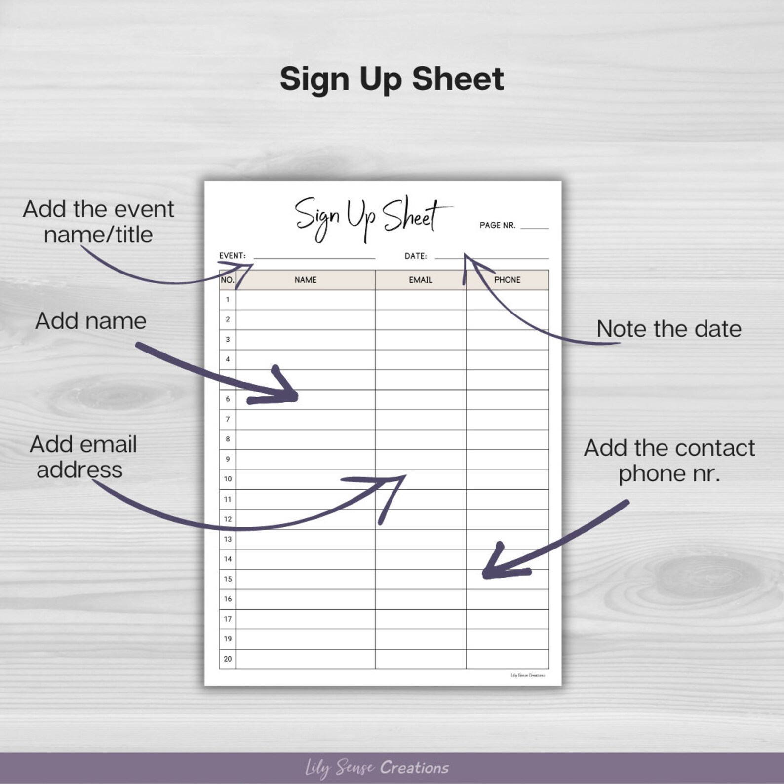 Printable Sign up Sheet, Sign in Form, Event Sign up Sheet, Contact ...
