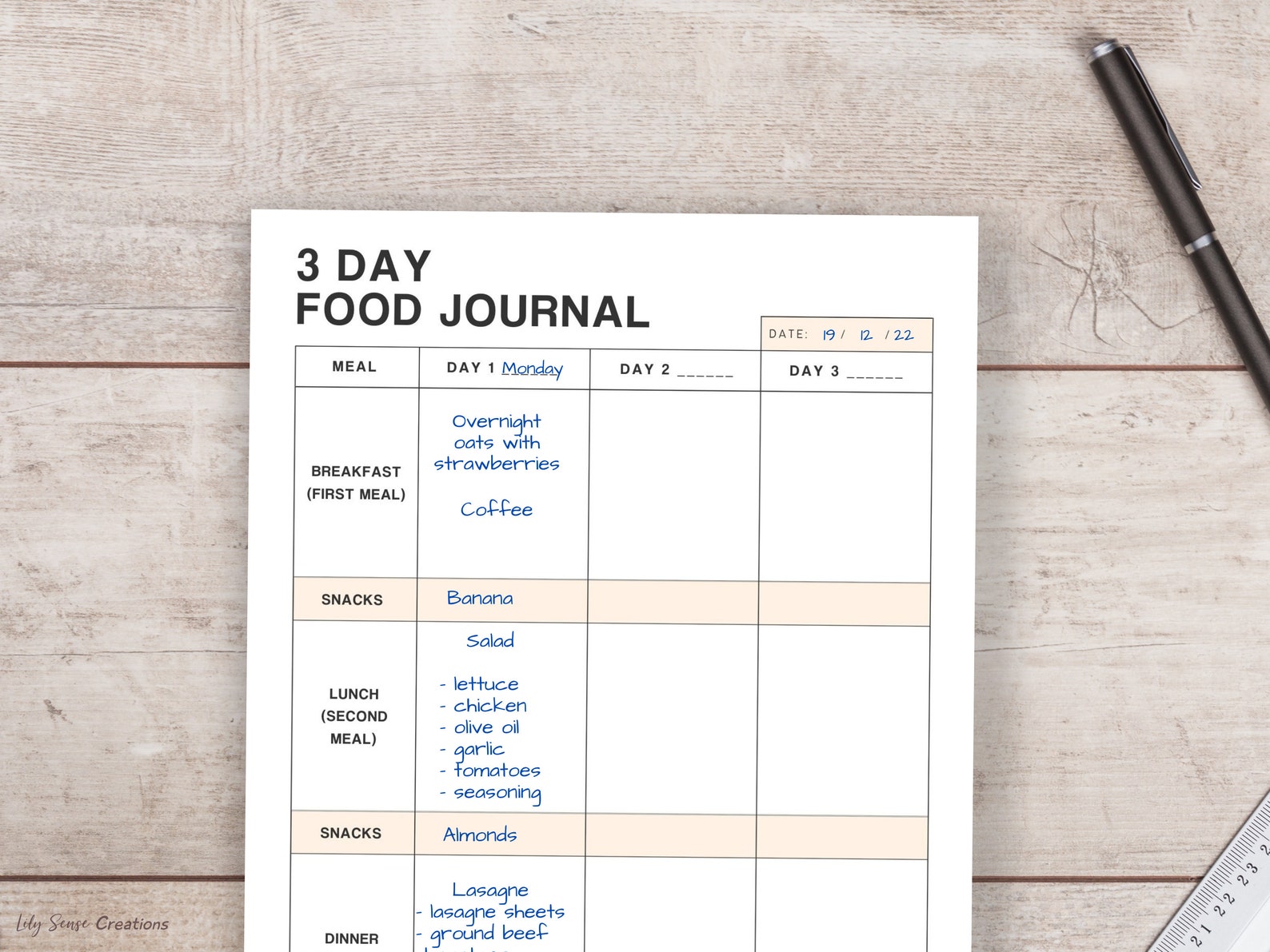 3 Day Food Journal Printable Food Tracker Daily Food Diary - Etsy