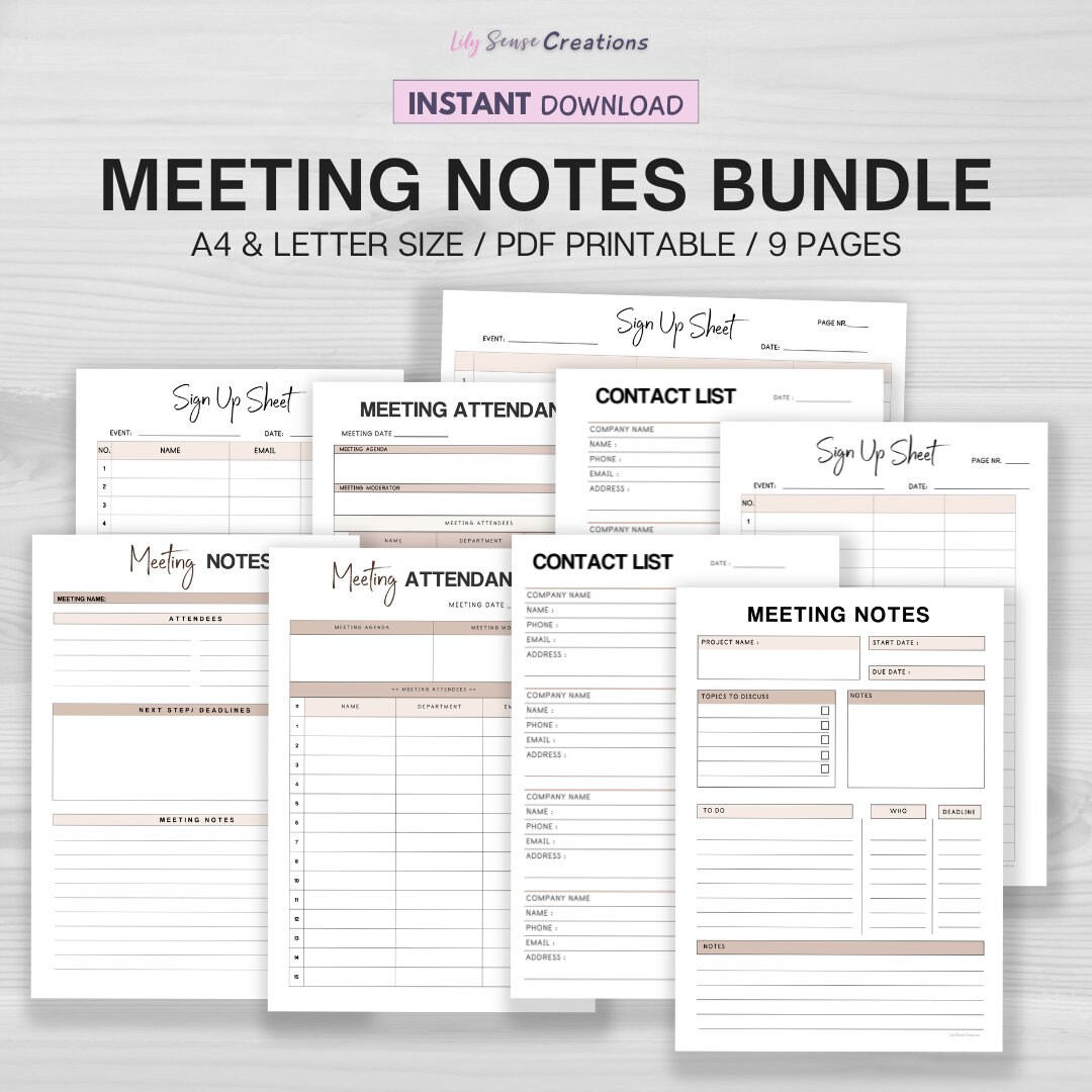 Meeting Notes Bundle, Printable Meeting Agenda Templates, Meeting ...