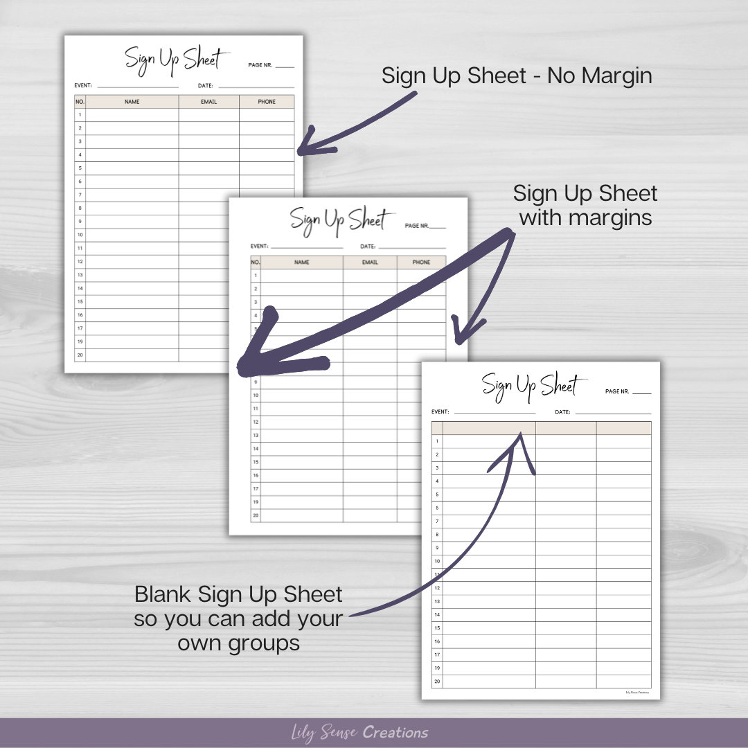 Printable Sign up Sheet, Sign in Form, Event Sign up Sheet, Contact ...