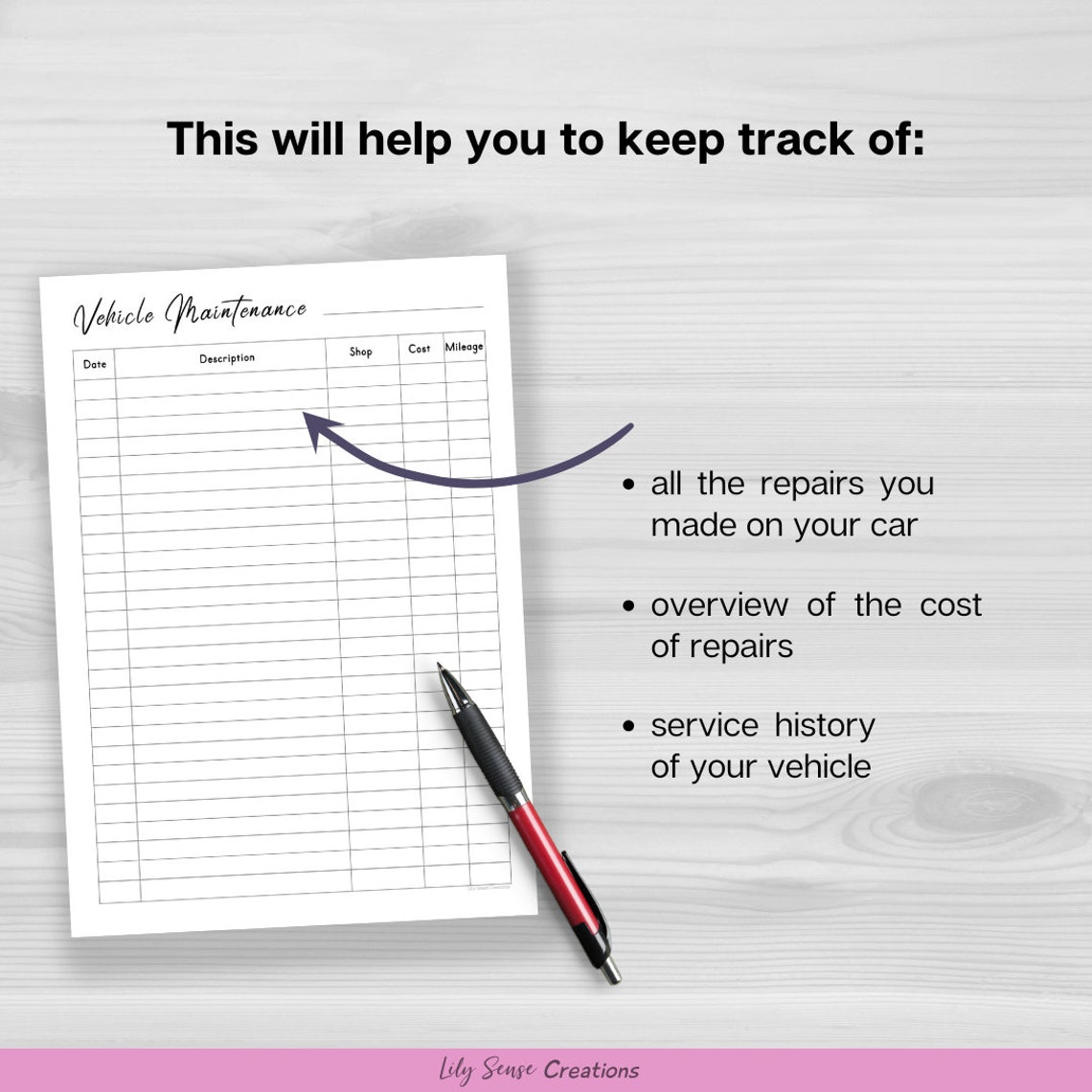 Vehicle Maintenance Log, Vehicle Maintenance Planner, Car Service ...