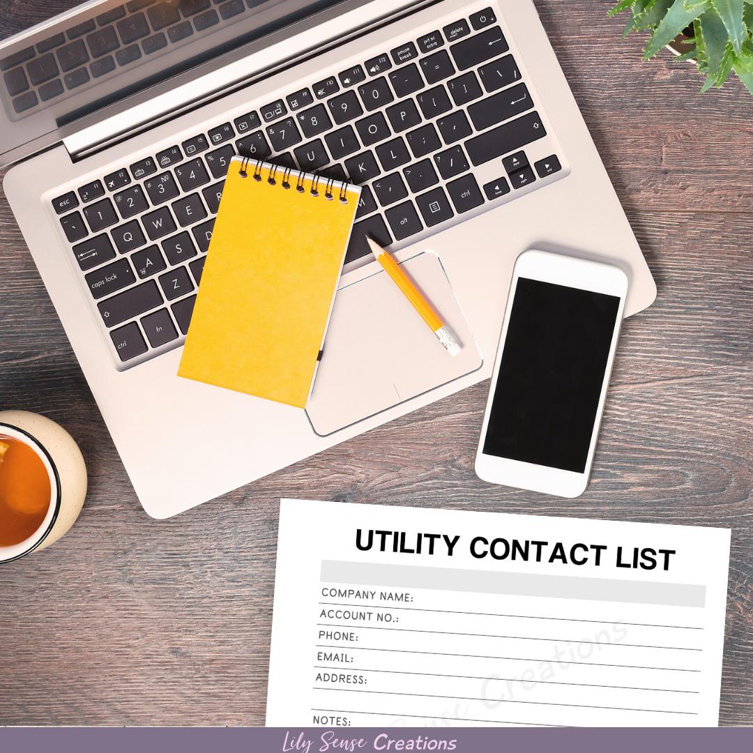 Utility Contact List Printable Planner, Service Provider Contact List ...