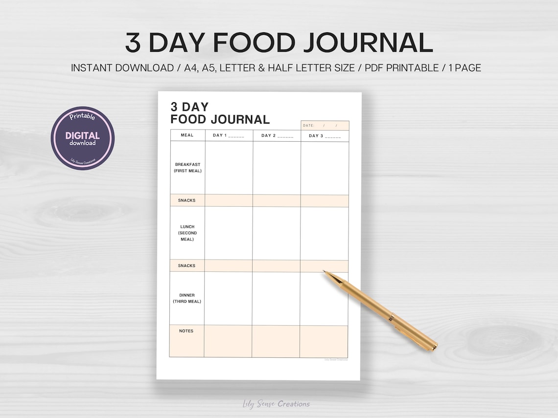 3 Day Food Journal Printable Food Tracker Daily Food Diary - Etsy