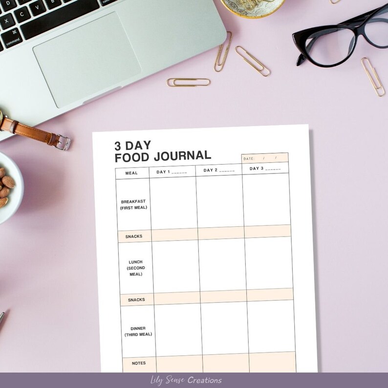 3 Day Food Journal Printable, Food Tracker, Food Log, Daily Food Diary ...