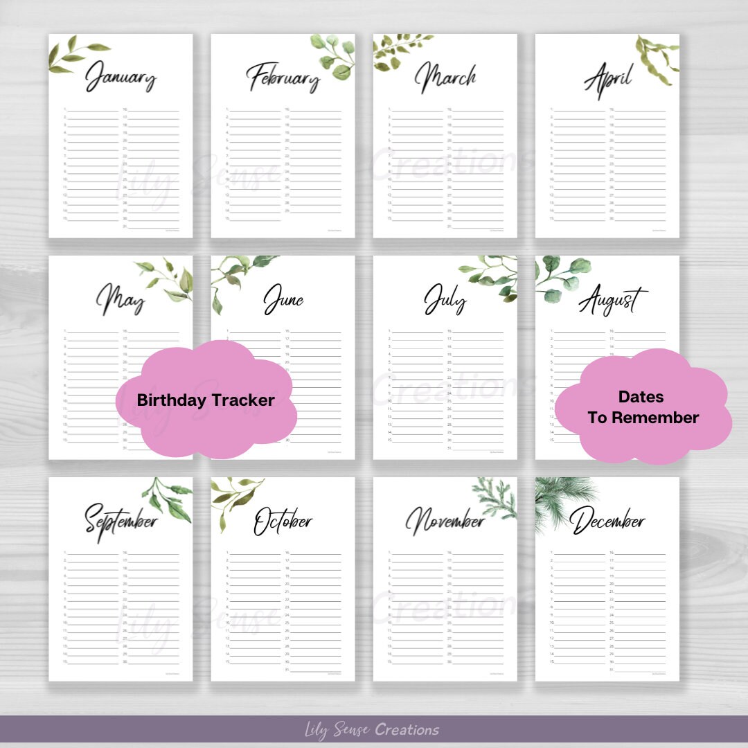 Birthday Tracker Printable Template, Birthday Calendar, Dates to ...