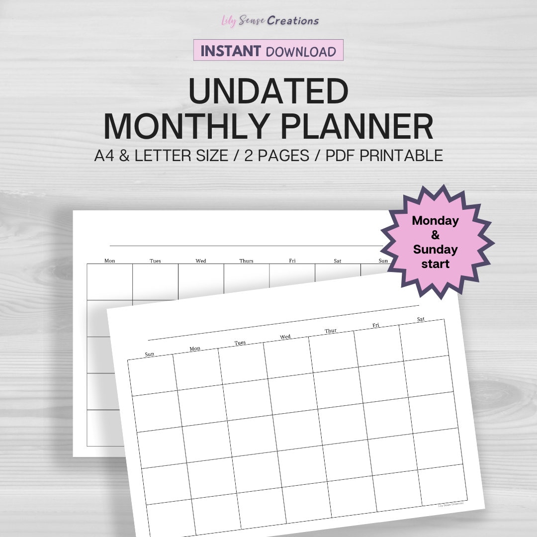 Undated Monthly Calendar Printable Landscape Monthly Planner - Etsy
