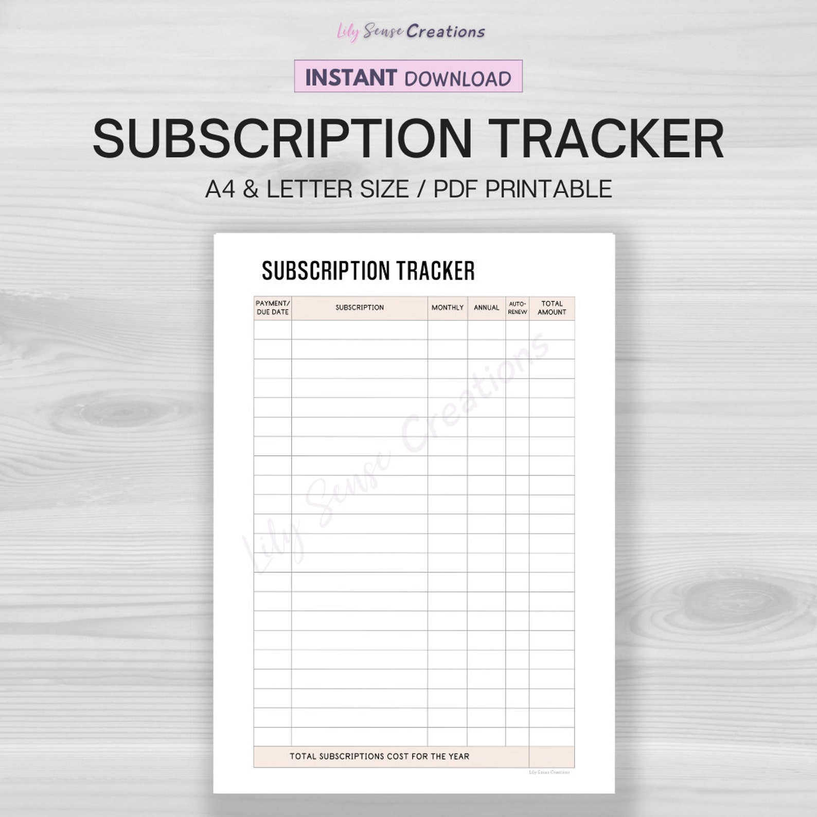 Printable Subscription Tracker, Expense & Membership List, Subscription ...