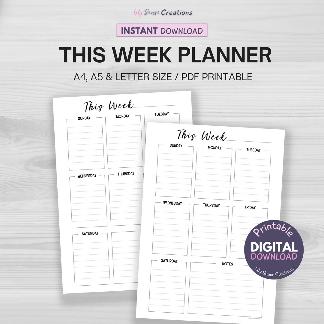 Printable Weekly Planner, Week at A Glance, Undated Weekly Agenda ...