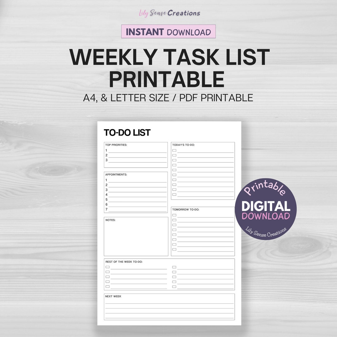 Weekly Task List, Printable Weekly to Do List Template, Productivity ...