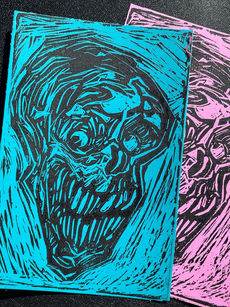 Skull Linocut Print on Colored Paper 4x6 — Horror Art - Etsy