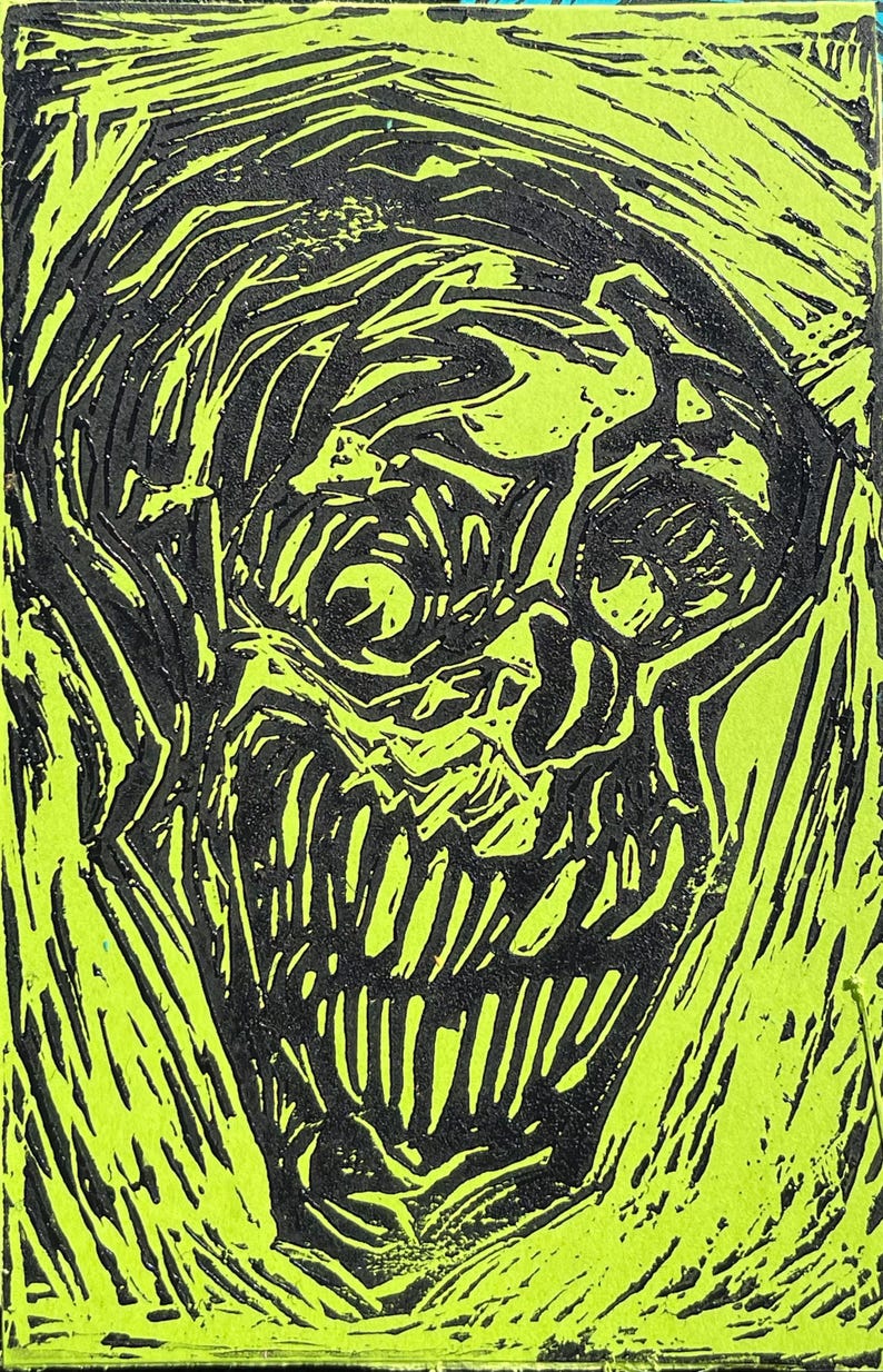 Skull Linocut Print on Colored Paper 4x6 — Horror Art - Etsy