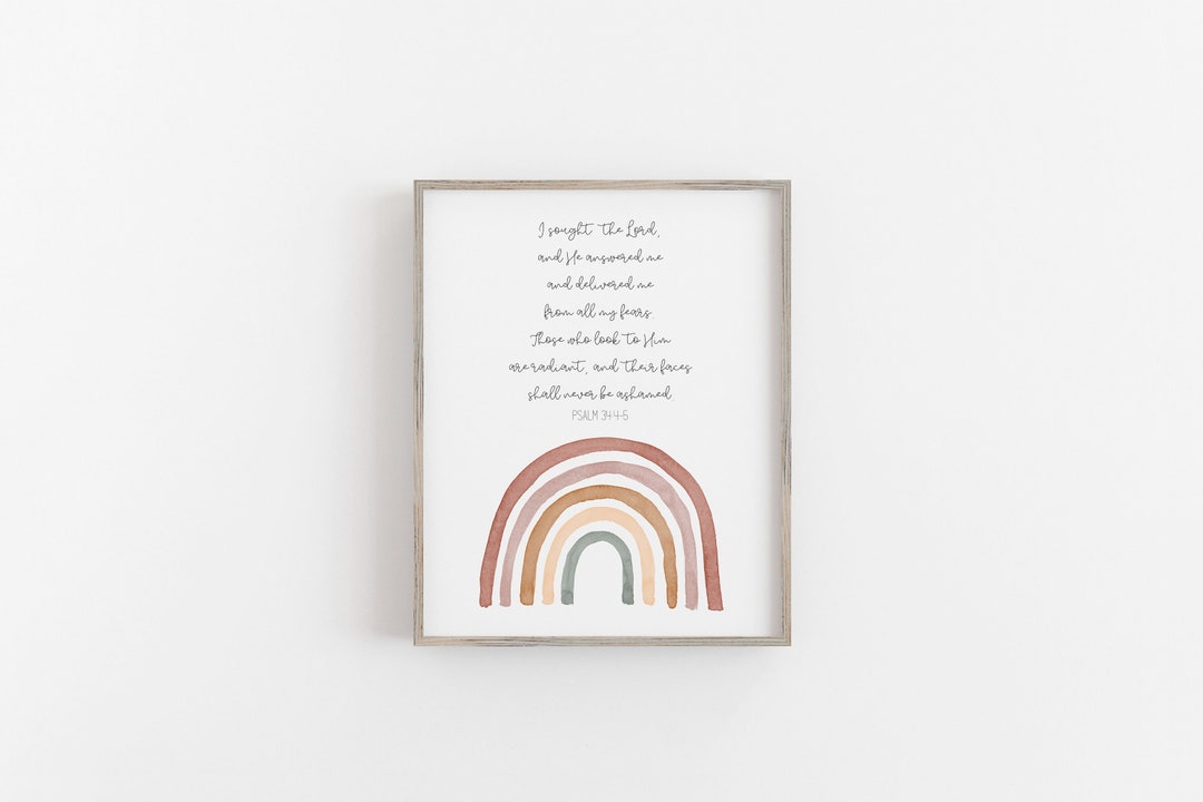 Scripture Wall Art, Bible Verse Print, Psalm 34:4-5, Rainbow Christian ...
