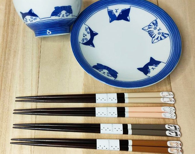 Mino Ware Kitty Cat Meow Rice Bowl Plate Chopsticks Set Made in Japan ...