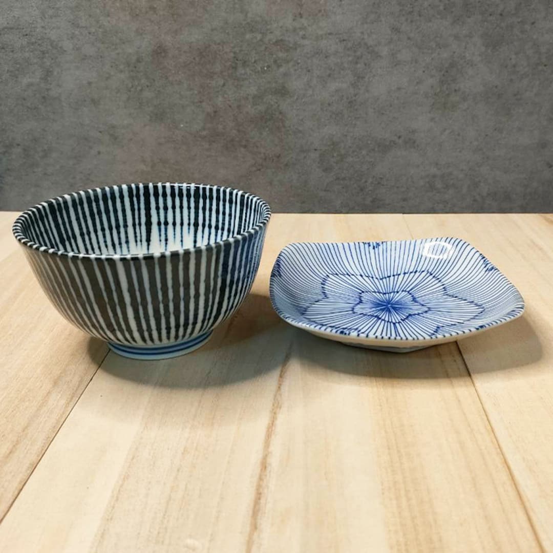 Tokusa Traditional Vertical Striped Pattern Rice Bowl Square Plate Set ...